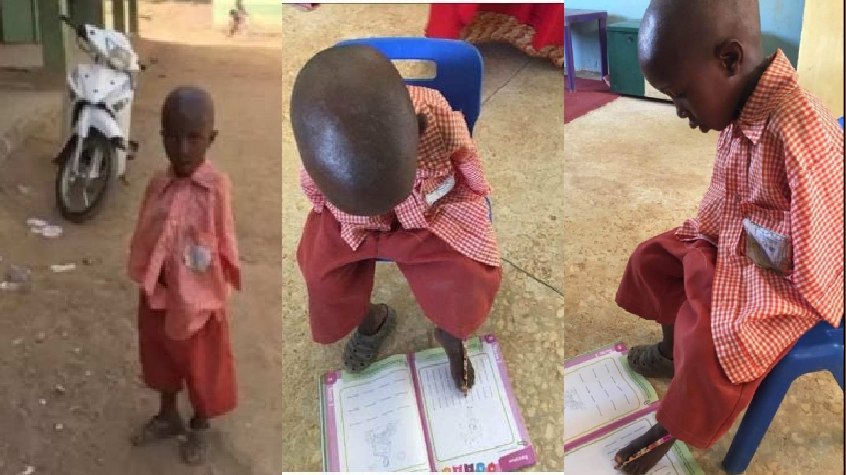 Meet 4-year old armless Nigerian schoolboy who writes with his toes